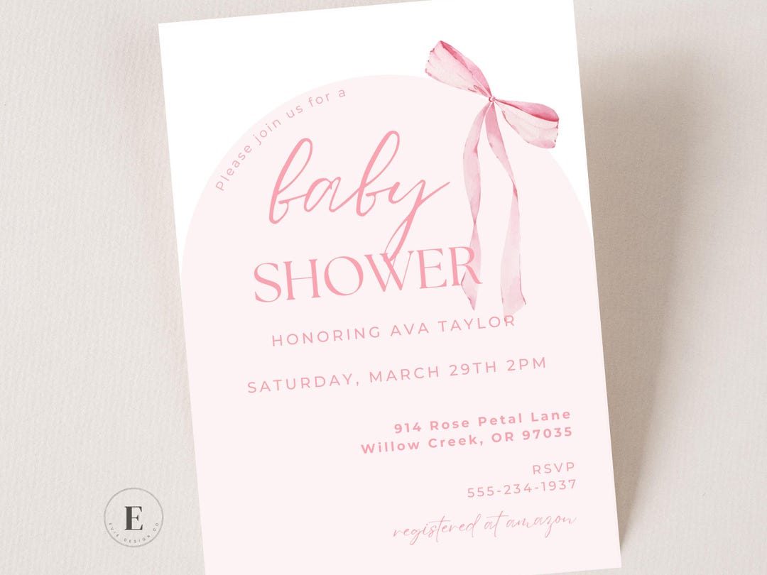 Editable Pink Bow Baby Shower Invitation, Baby Girl Shower Invitation ...
