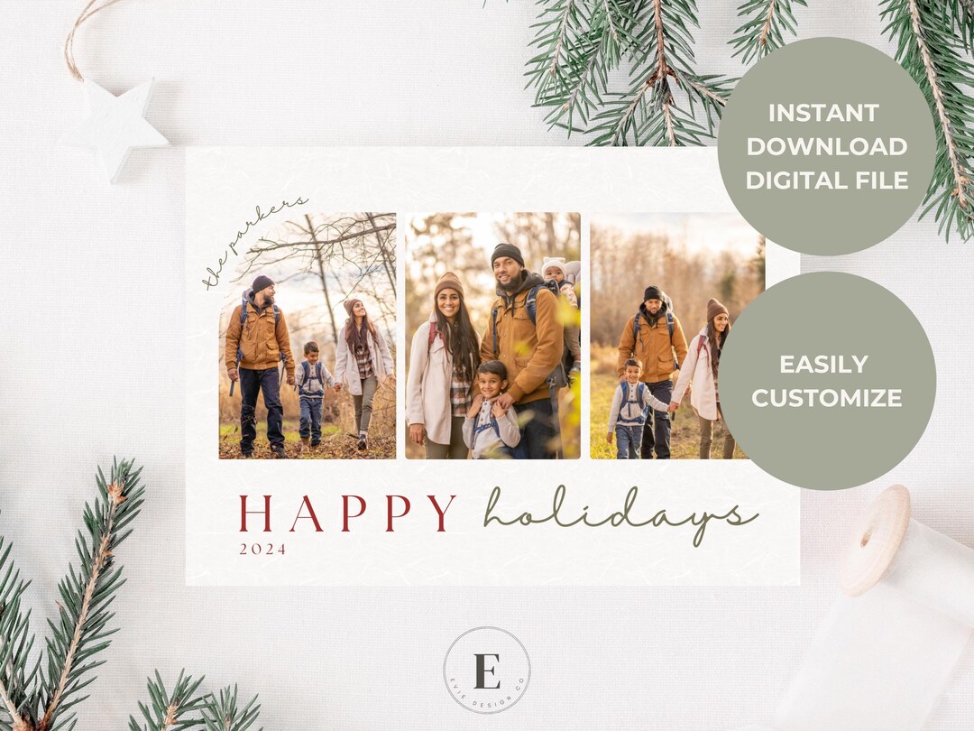 Trio Picture Christmas Card Template, Editable Card, Holiday Greeting ...