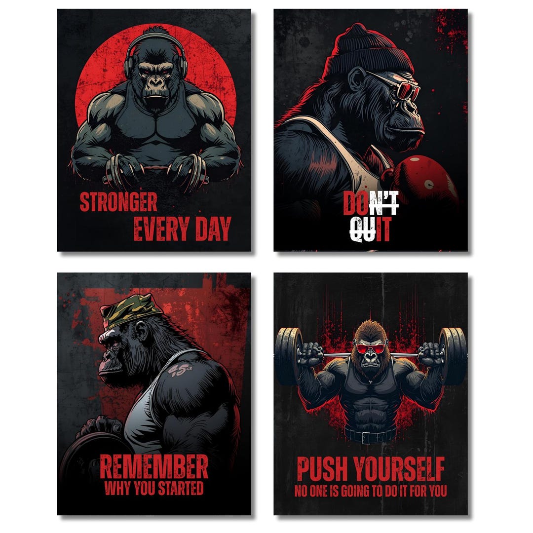 Gorilla Ape Motivational Gym Poster Set Wall Art Print Decor for Home ...