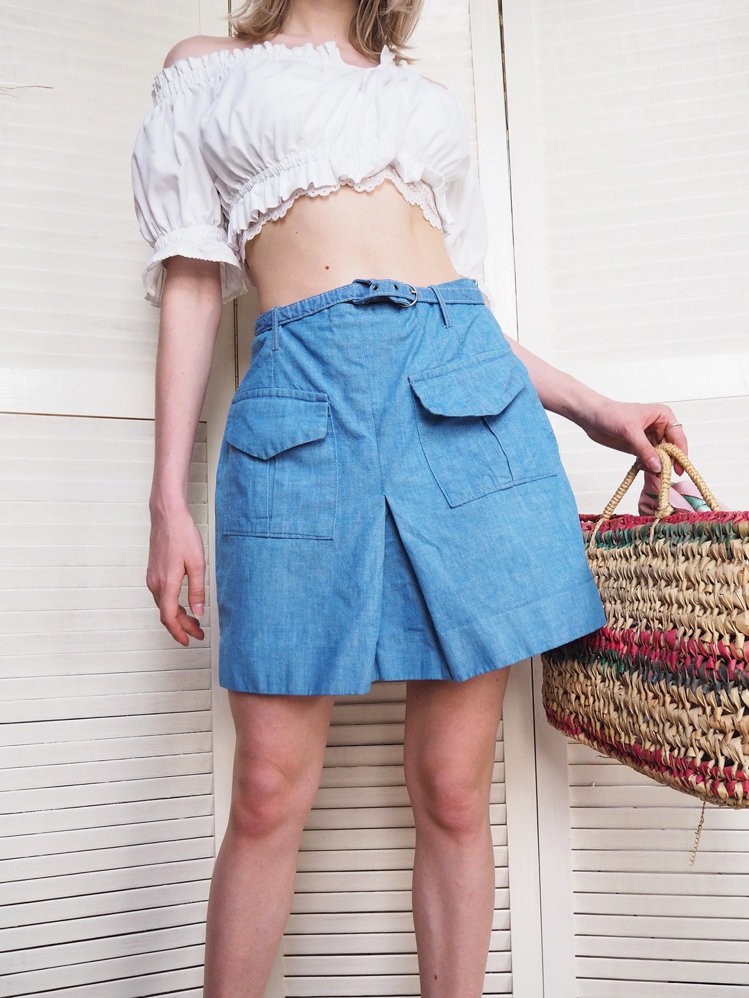 Petite 1970s Mini Skirt, Vintage 70s Blue Denim-like Belted Mini Skirt ...