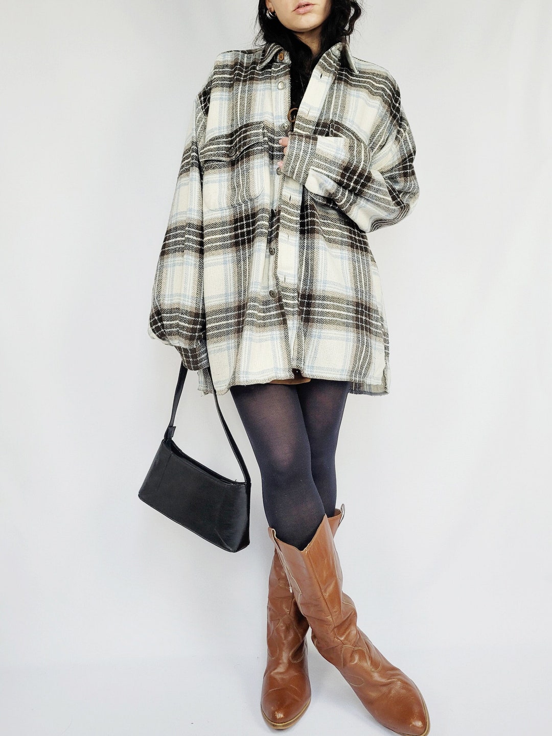 Large Plus Size Tartan Shacket, 90s Checked Beige Brown Oversize Unisex ...