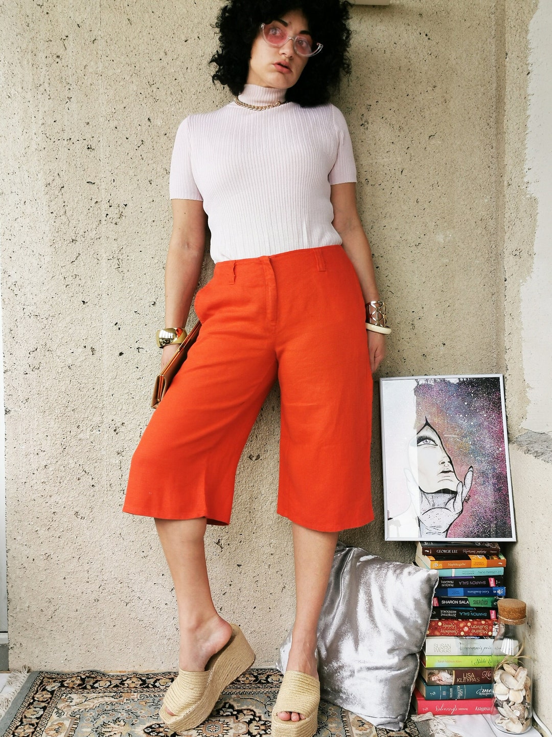 Orange Linen Long Shorts, Vintage 80s Minimalist Scarlet Red Linen ...