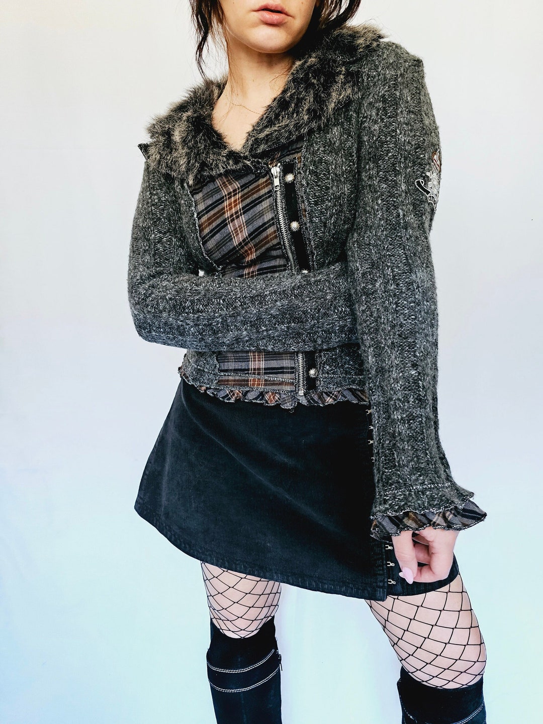 90s Retro Whimsy Goth Grey Faux Fur Patchwork Zip Cardigan - Etsy