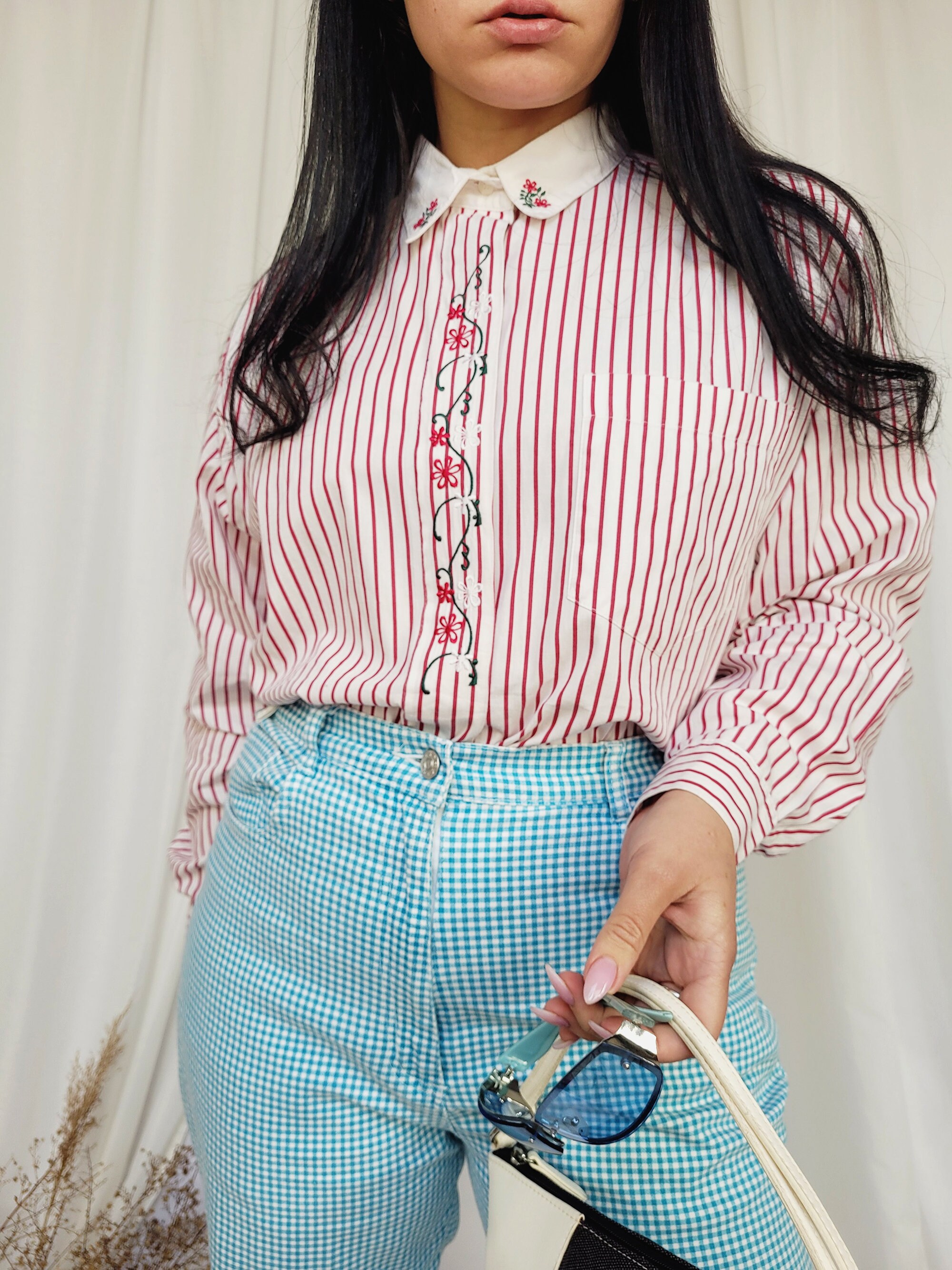 90s Retro Red Striped Embroidered Minimalist Cotton Blouse - Etsy