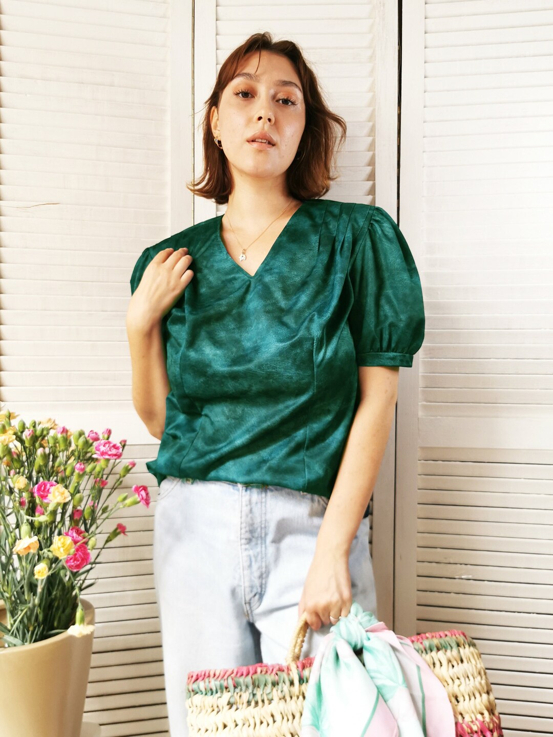 Green Balloon Sleeve Blouse, Vintage 80s Green Minimalist Puff Sleeve ...