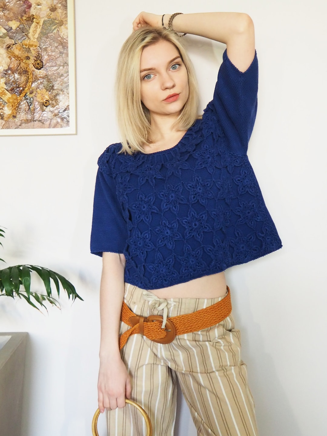 Vintage Top for Woman, Vintage 80s Minimalist Knit Crochet Top in Blue ...