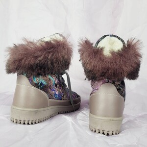Eggshell Furry Boots, 90s Vintage Purple Abstract Print Furry Winter ...