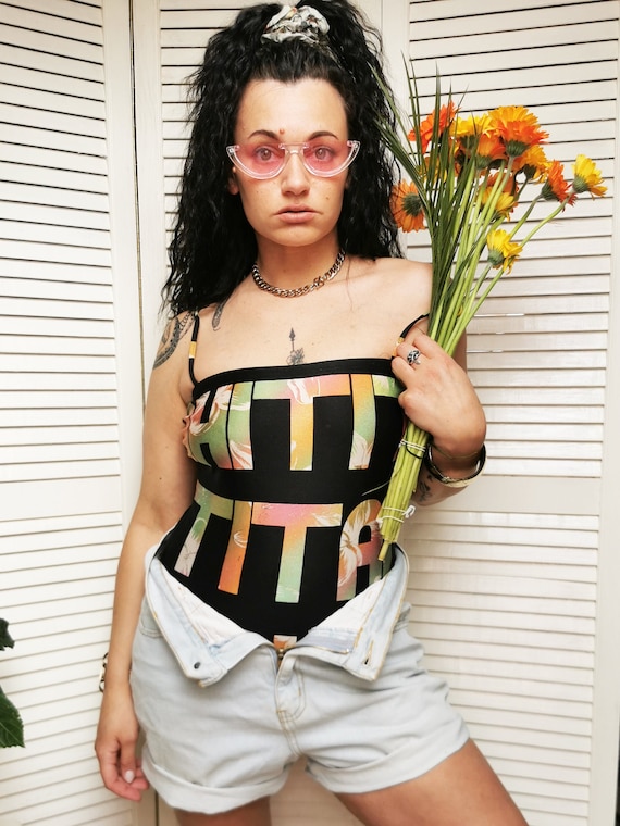 1990 retro one piece swimsuit, Vintage 90s black lett… - Gem