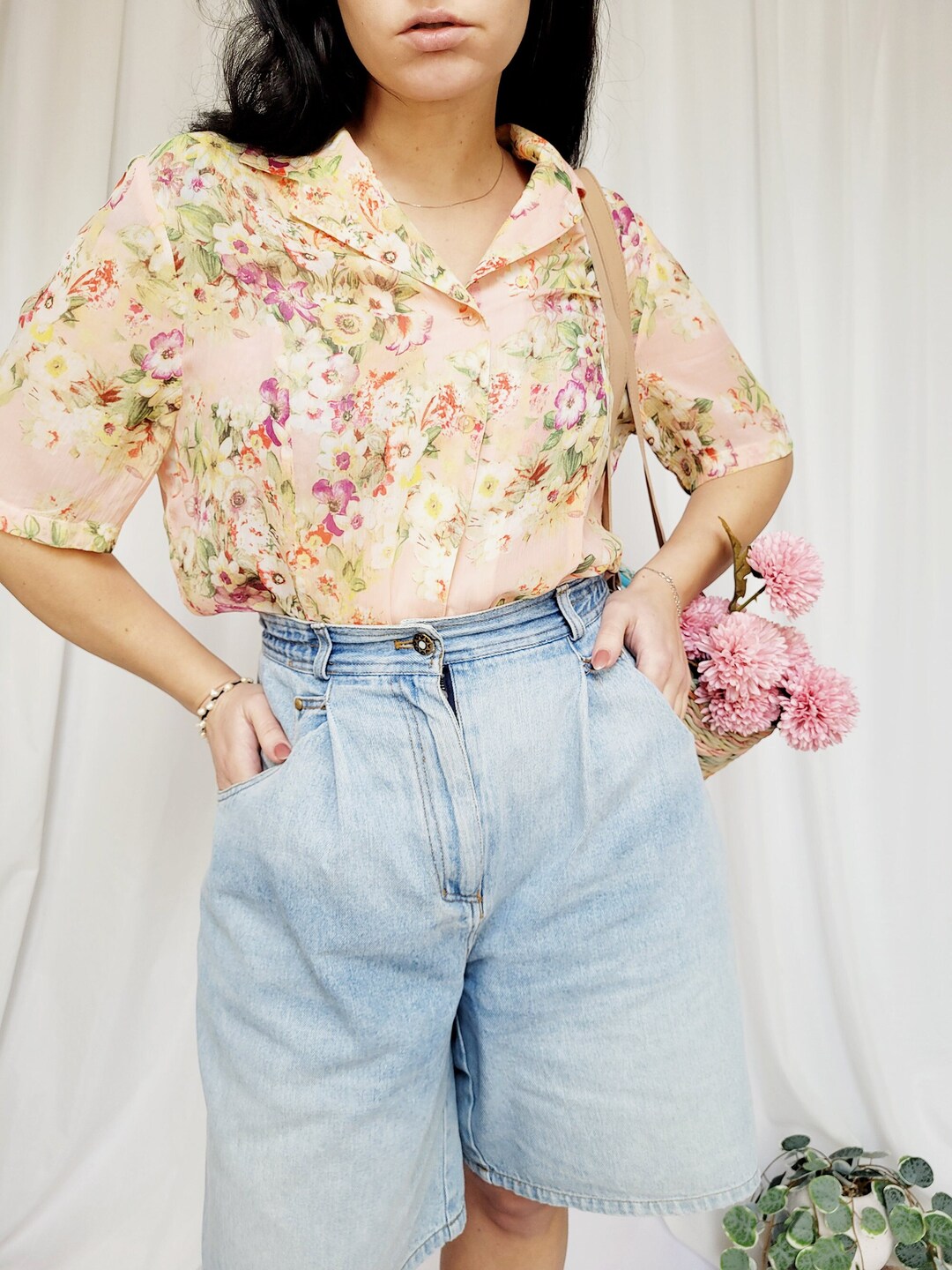 Pastel Flower Smart Casual Top, 90s Retro Sheer Colorful Pink Floral ...