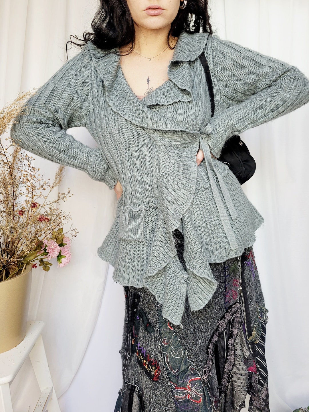 90s Vintage Grey Knit Ruffle Drape Wrap Front Cardigan Top - Etsy