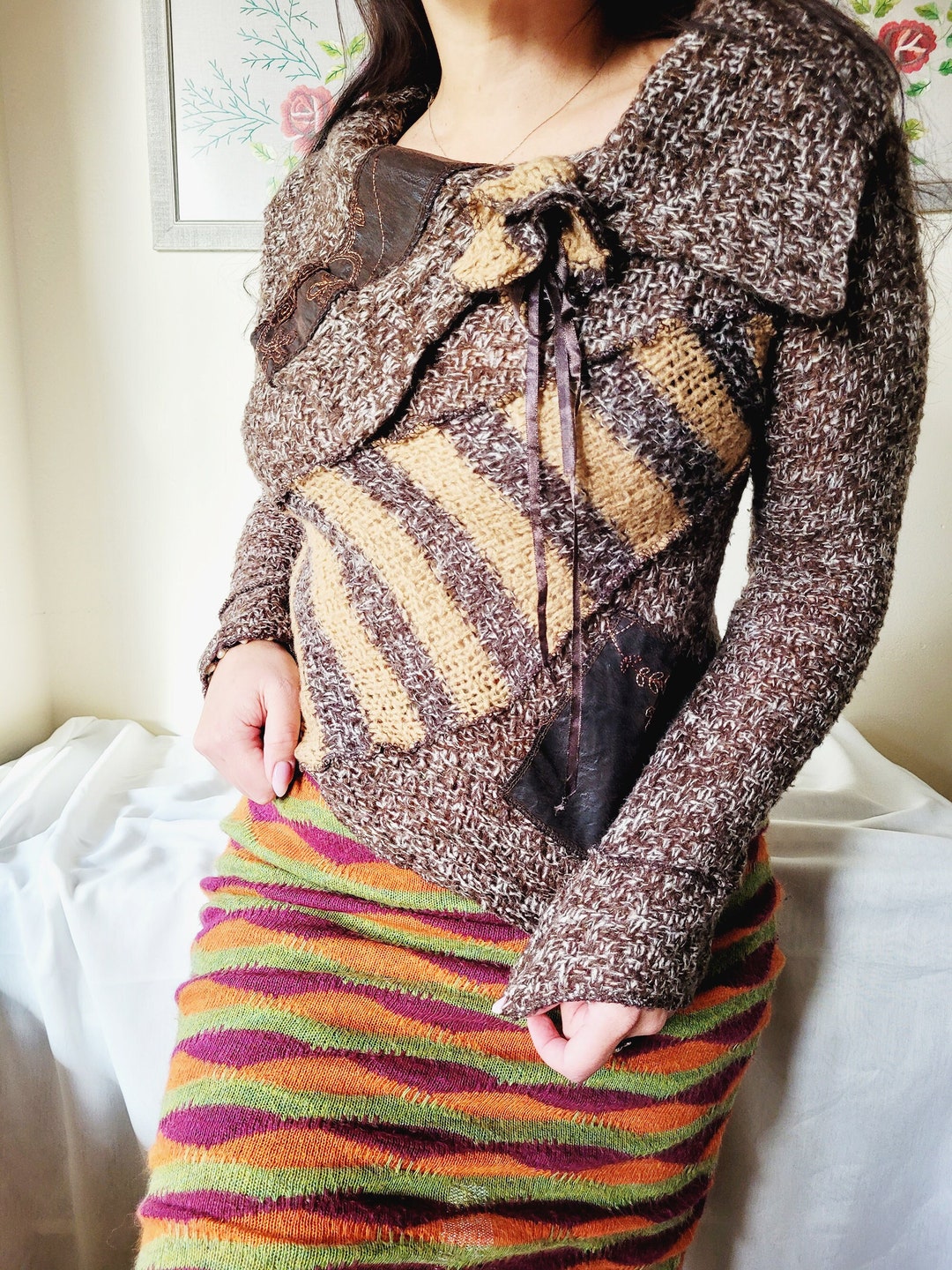 90s Brown Jazzy Knit Eclectic Flare Sleeves Sweater Top - Etsy
