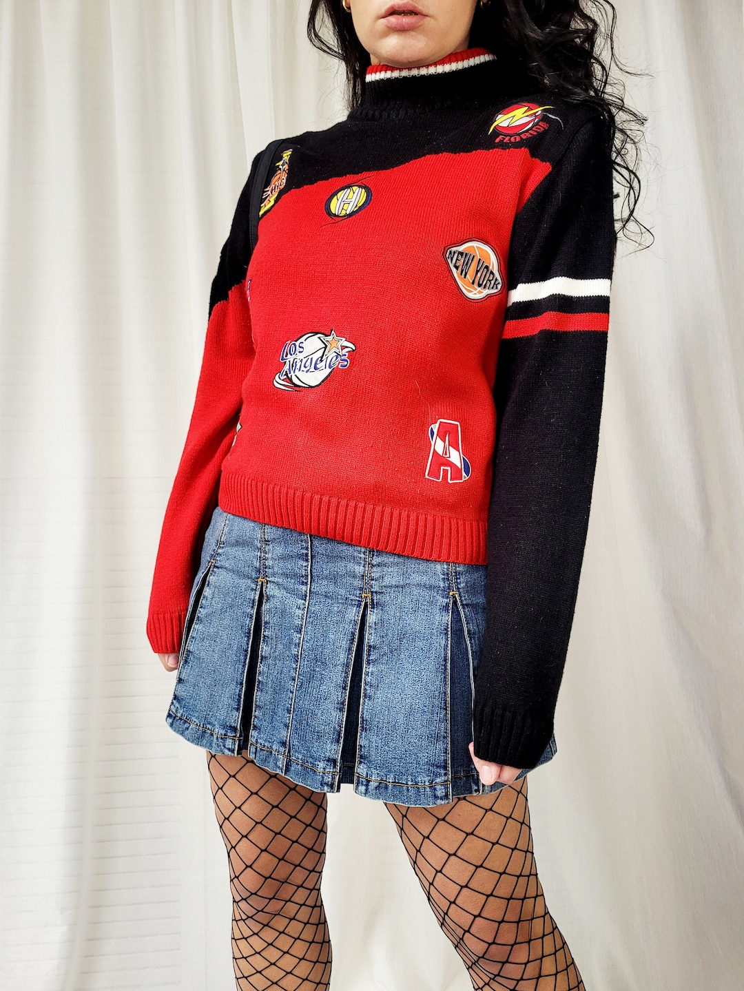 Y2K Basketball Applique Sweater, Vintage 00s Red & Black Appliqued ...