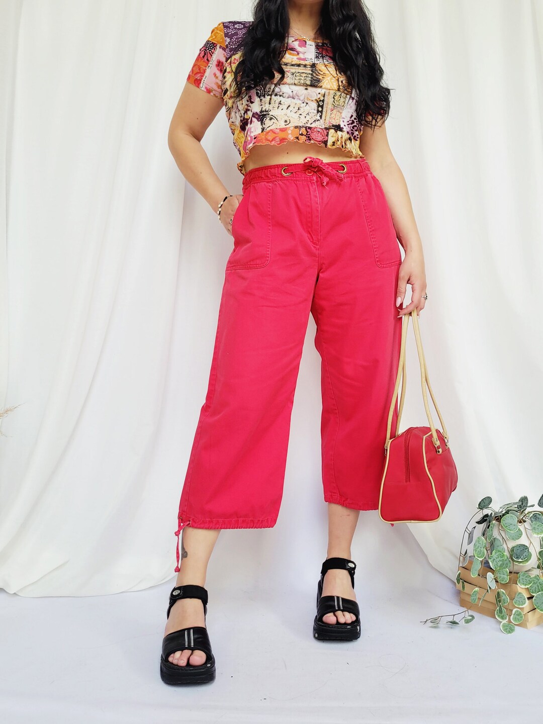 Retro 90s Red Minimalist High Waist Crop Capris Cargo Pants - Etsy