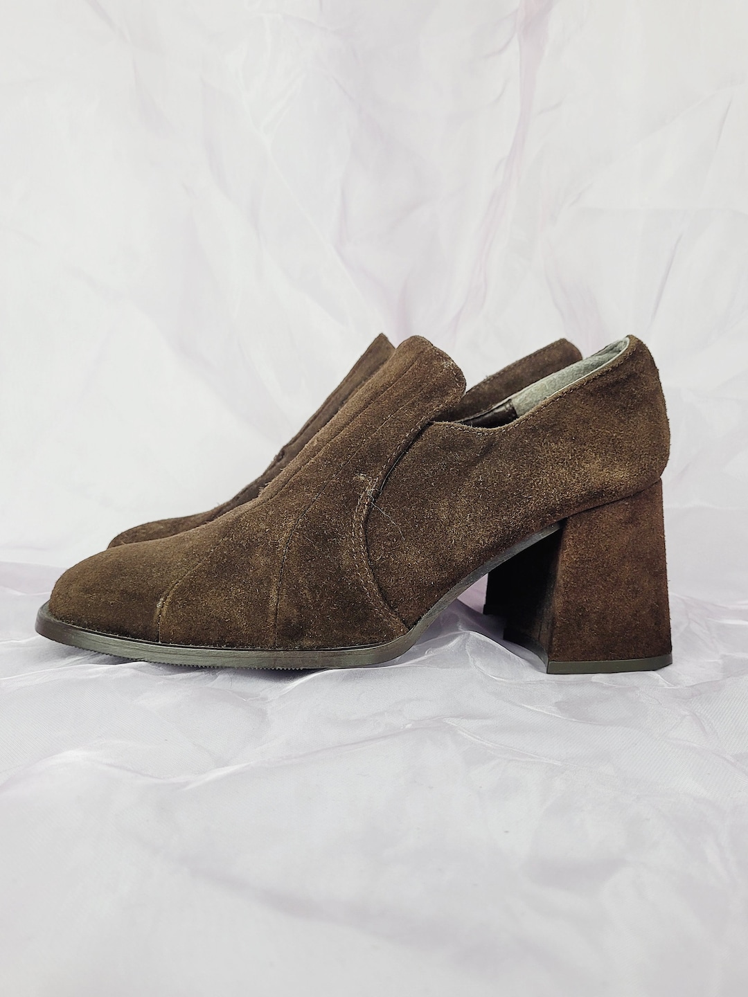 Brown Suede Chunky Heels, 90s Vintage Brown Suede Thick Heel Square Toe ...