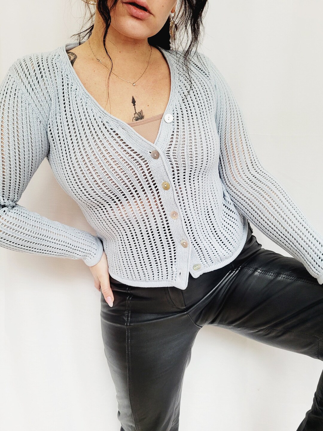Retro Y2k Pastel Blue Sheer Knit Buttons Down Cardigan Top Etsy