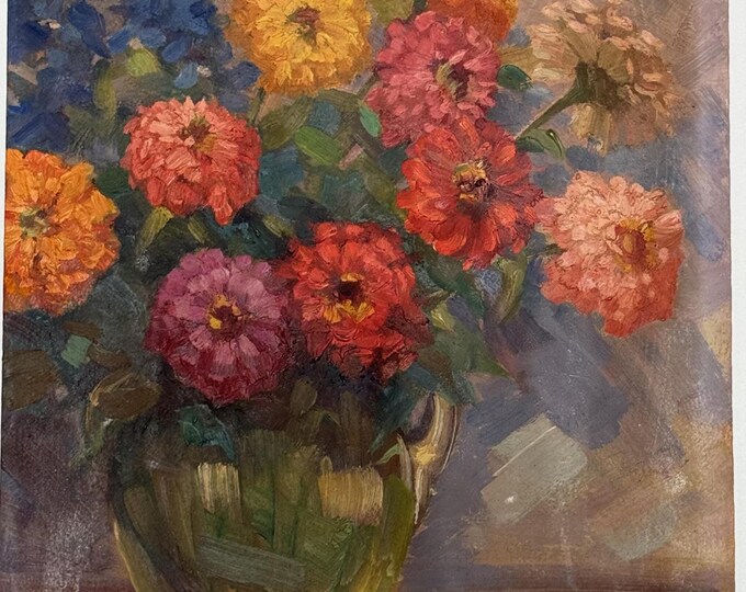 Vintage Original Still Life Oil Painting | Dahlias and Bluebonnets in ...