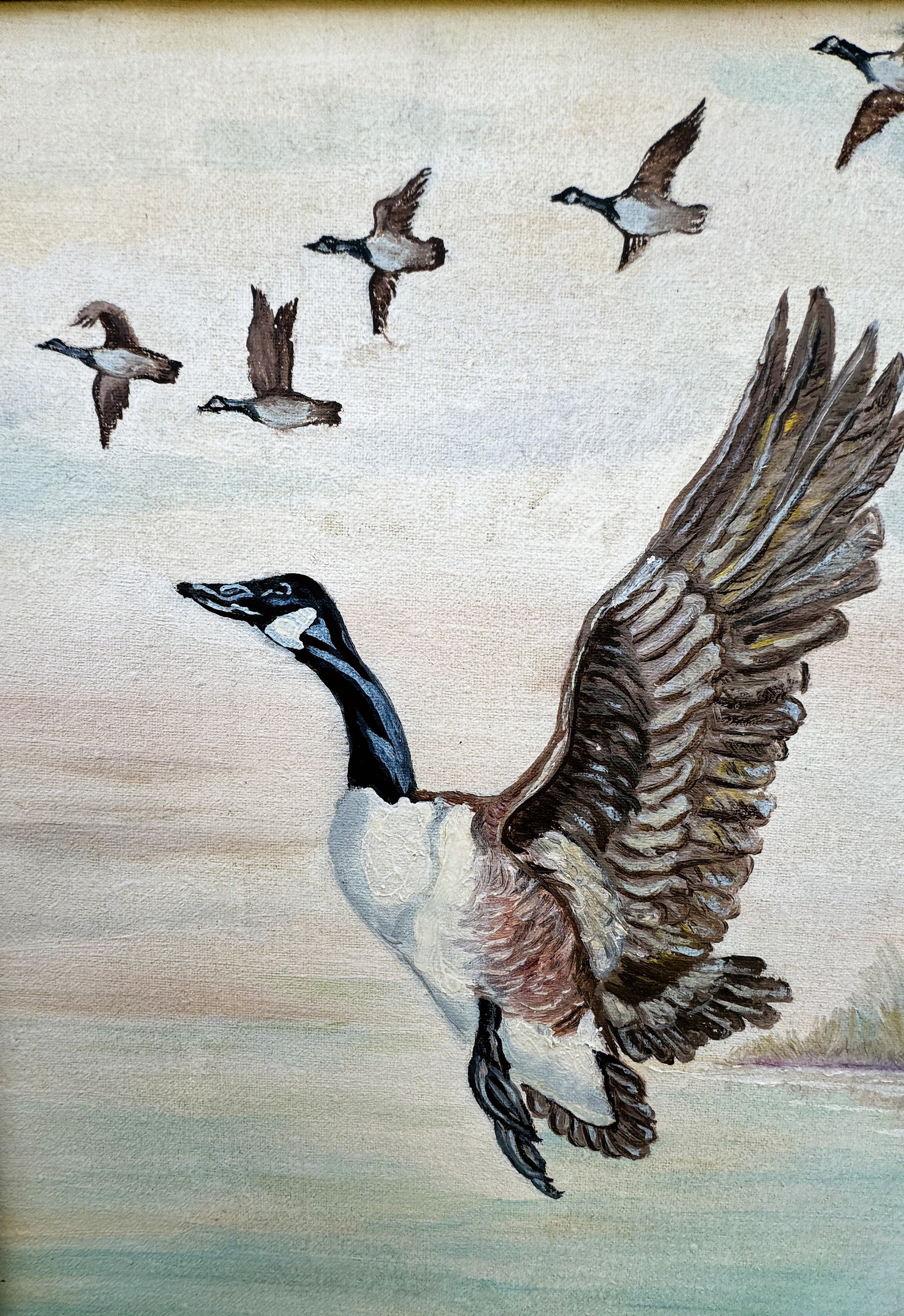 Vintage Original Oil Painting of Canadian Geese in Flight Waterfowl ...