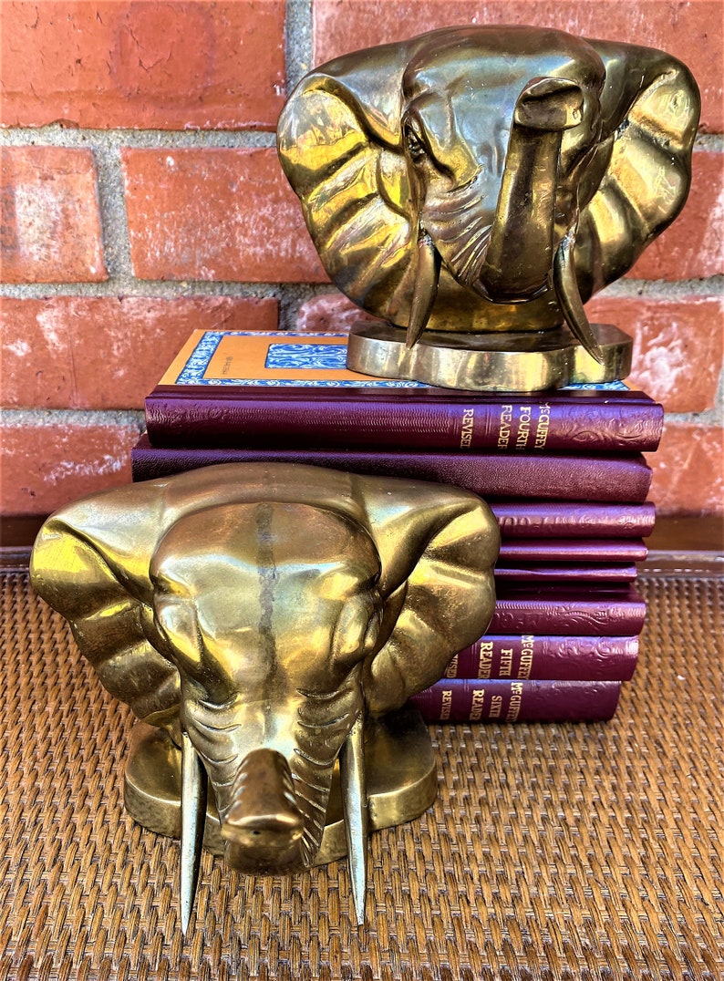 Solid Brass African Elephant Head Bookends | Mid-century | Valentine's ...