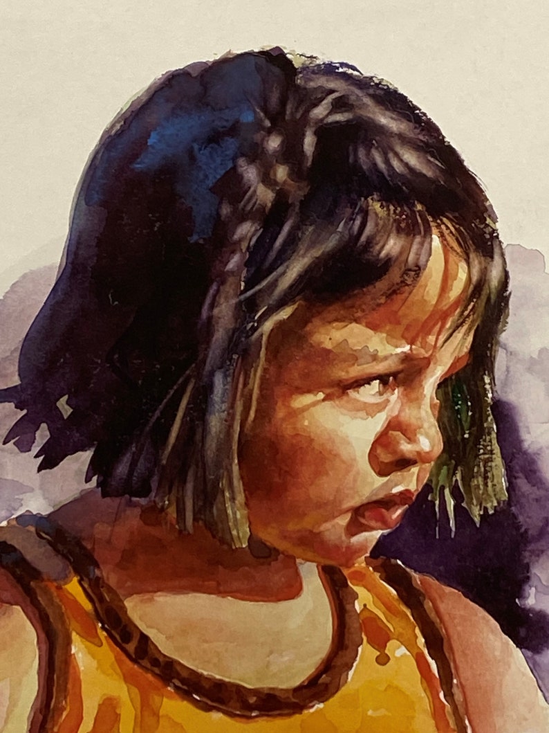 Vintage "sunny" Watercolor Portrait: Child With Braids, Artist R ...