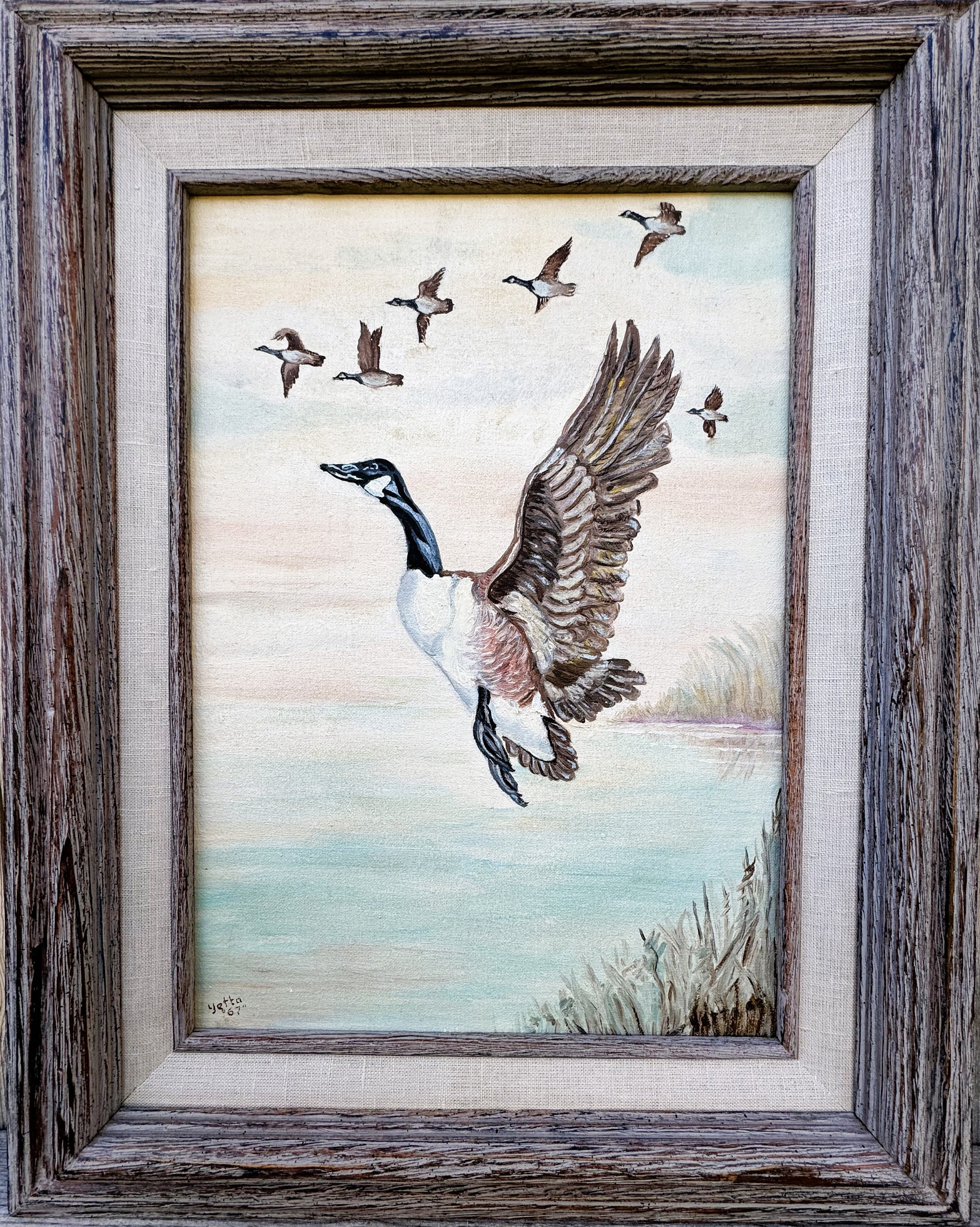 Vintage Original Oil Painting of Canadian Geese in Flight Waterfowl ...