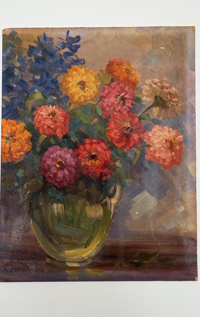 Vintage Original Still Life Oil Painting Dahlias and Bluebonnets in ...