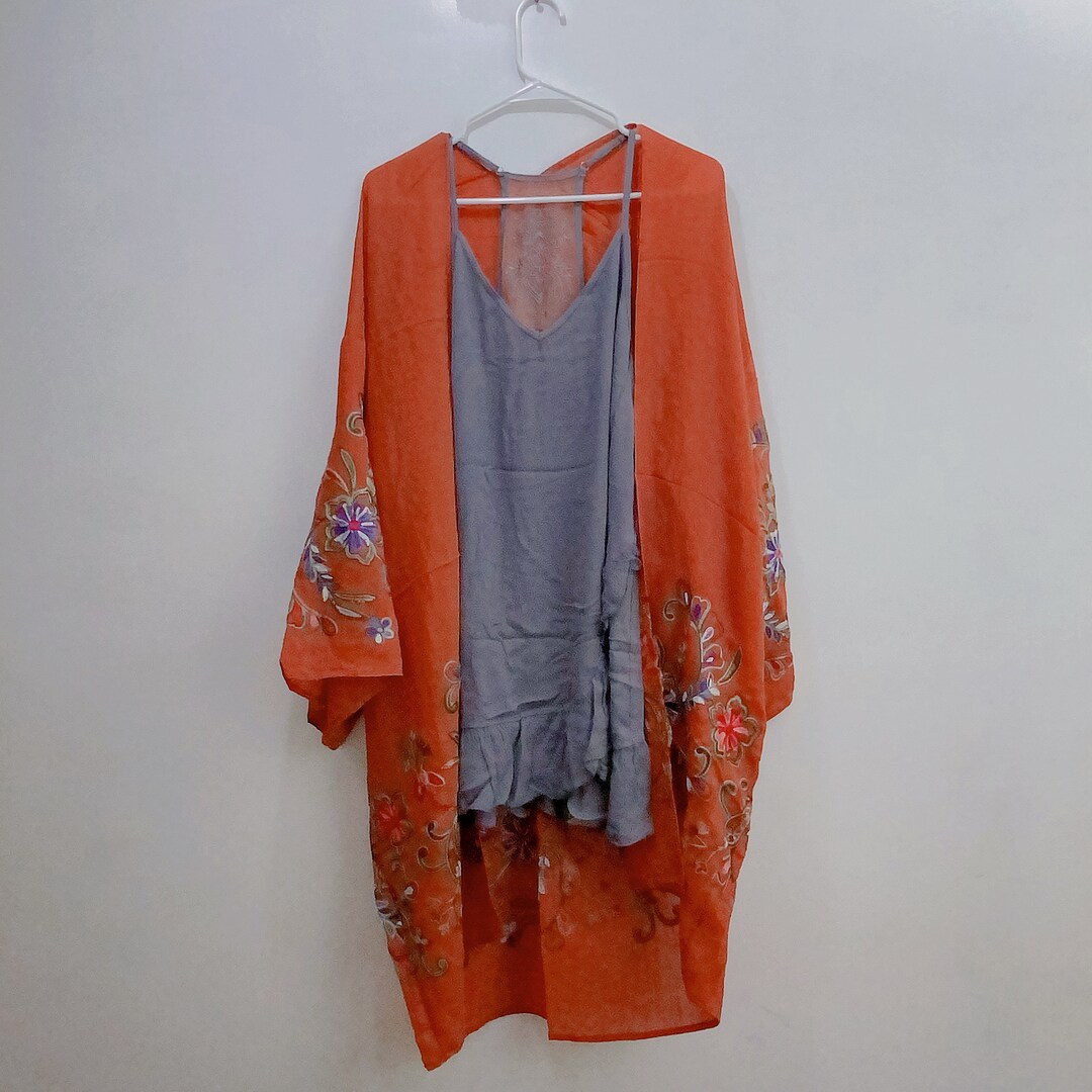 Rust Embroidered Kimono With Sleeves - Etsy
