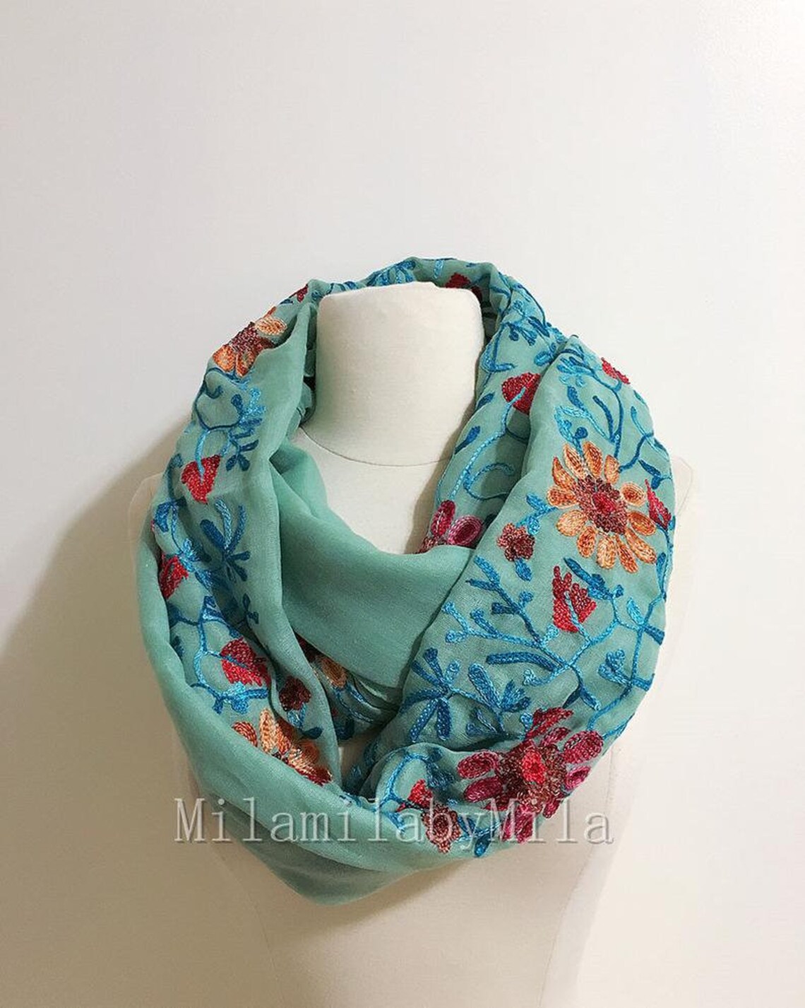 Forest Green Scarf Flower Embroidered Scarf Boho Scarf | Etsy