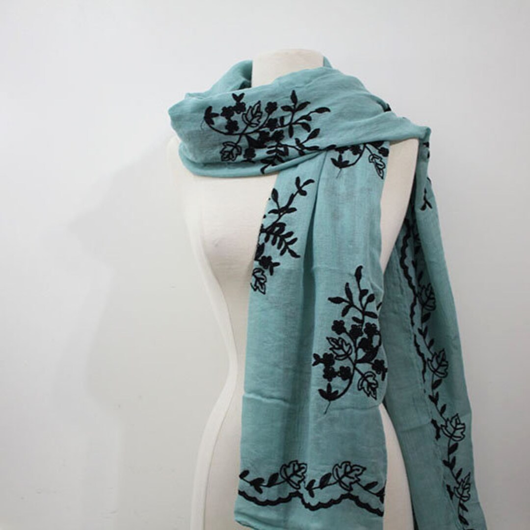 Embroidered Floral Scarf for Women Lightweight Mint Aqua Embroidery ...