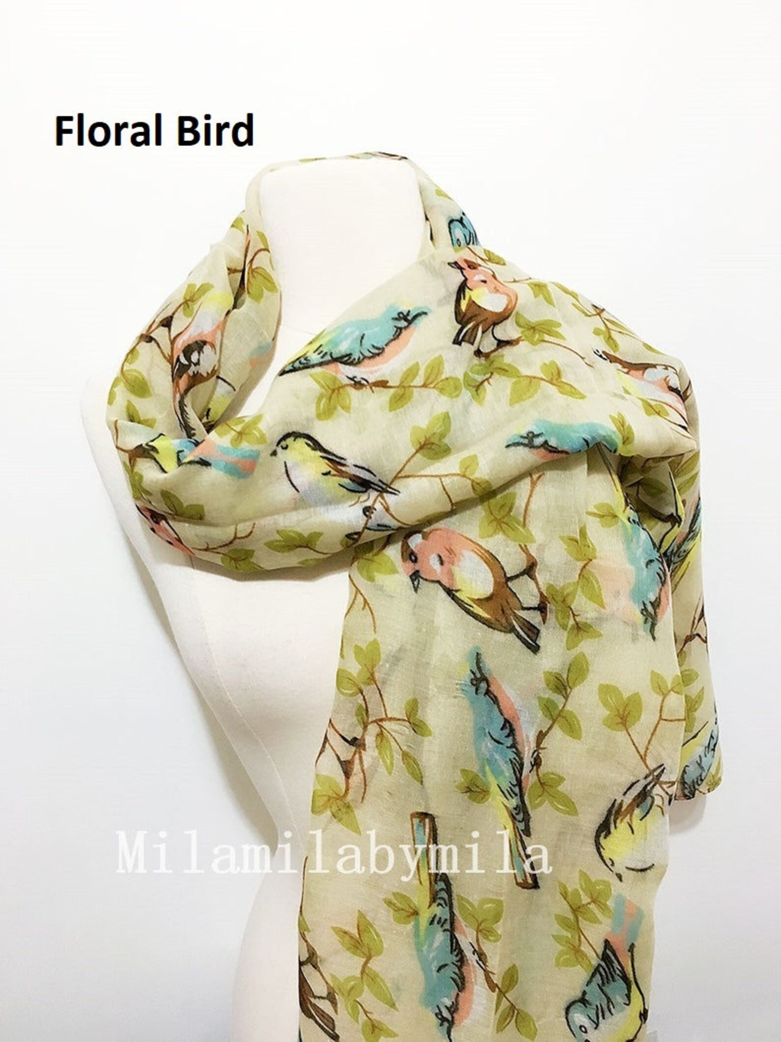 Bird Scarf Bird Print Scarf Beige Bird Scarf Colorful - Etsy