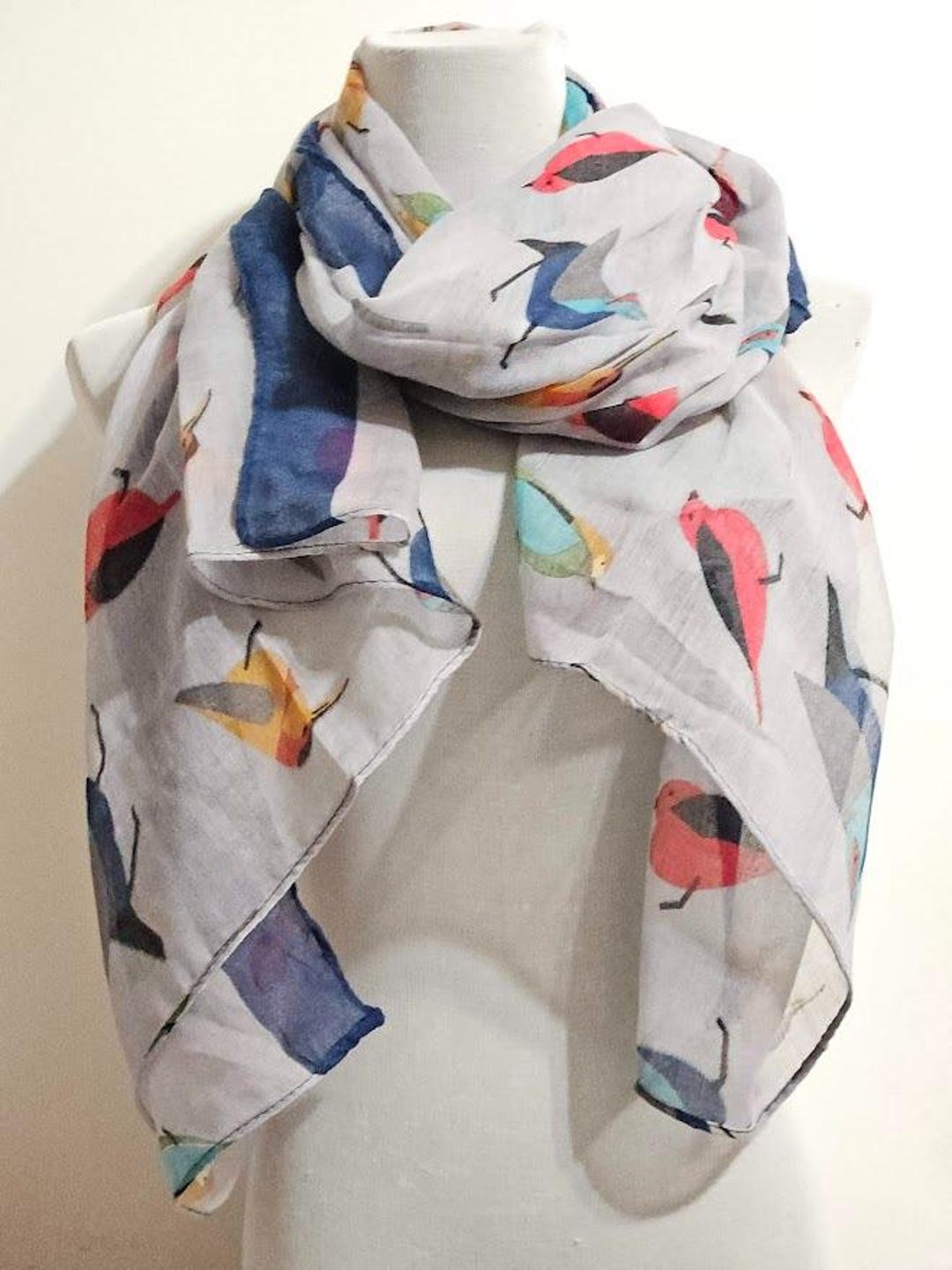 Bird Infinity Scarf, Bird Print Scarf, Beige Bird Scarf, Colorful ...
