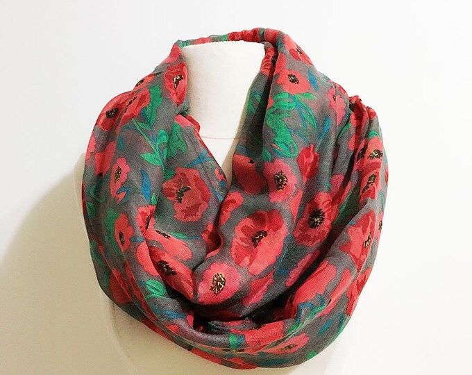 Poppy Scarf Red Black Floral Scarf Infinity Scarf Feminine Scarf Poppy ...