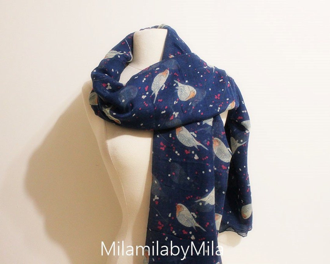 Bird Scarf, Bird Print Scarf, Tree Bird Scarf, Navy Blue Scarf,autumn ...