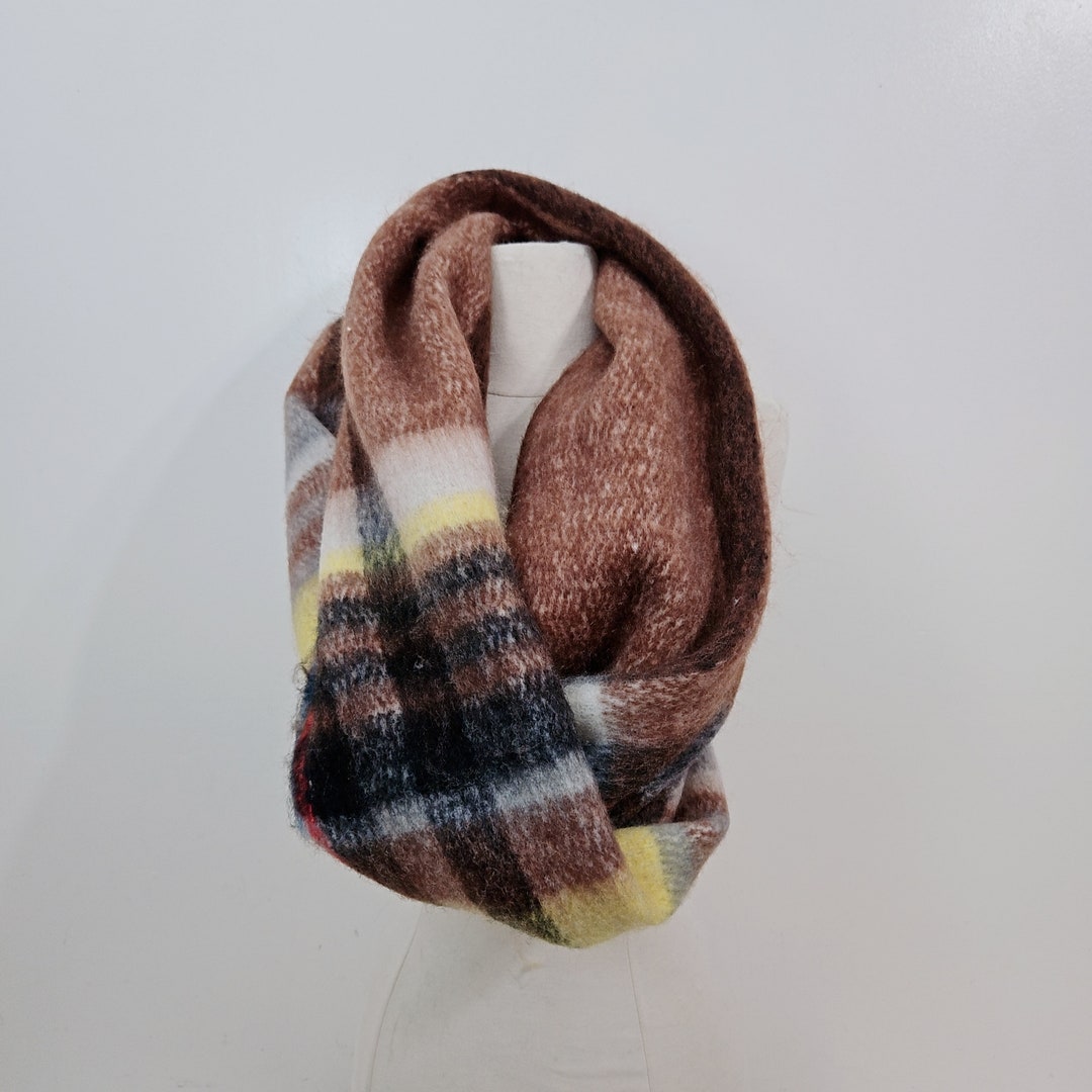 Mohair Plaid Taupe Brown Loop Infinity Scarf, Winter Warm Scarf ...