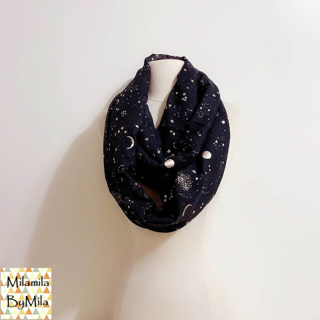 Galaxy Infinity Scarf, Gold Foil, Moon and Stars Print Scarf, Gold ...