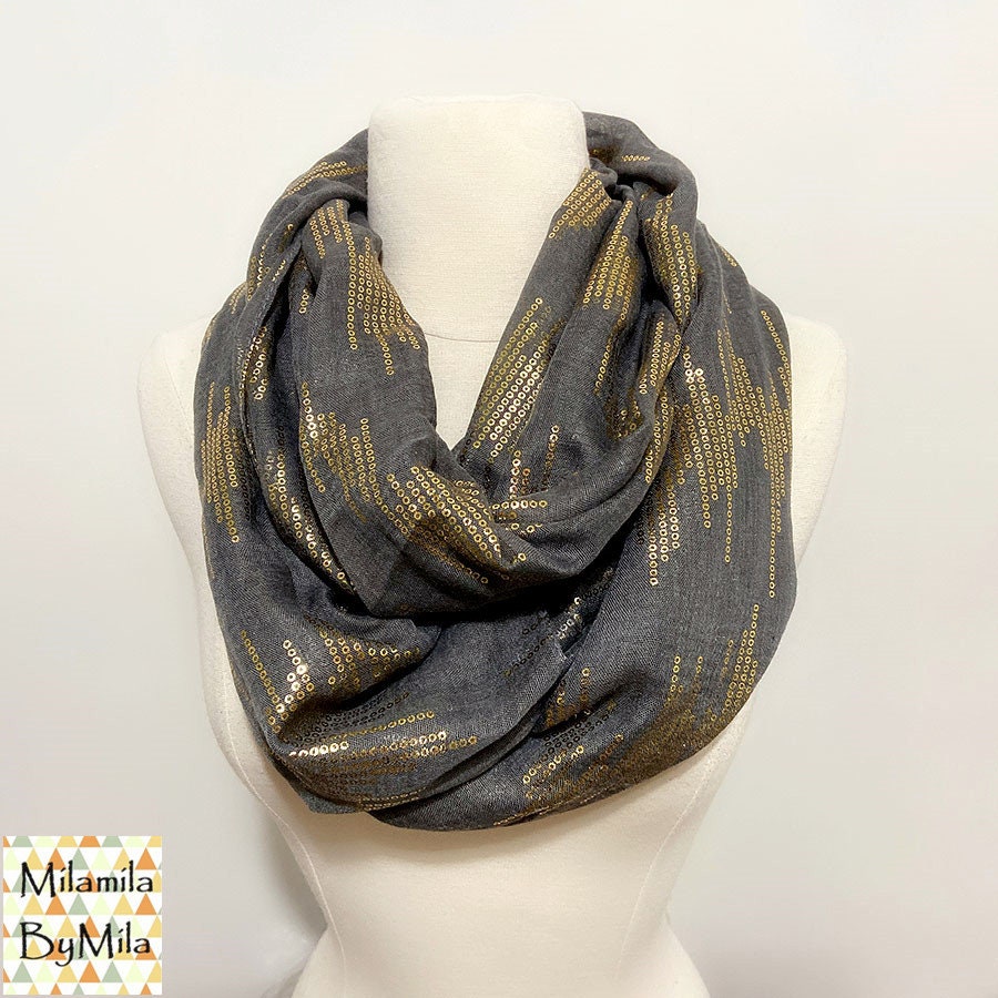 Gold Foil Gray Infinity Scarf Fringe Scarf Metallic Print | Etsy