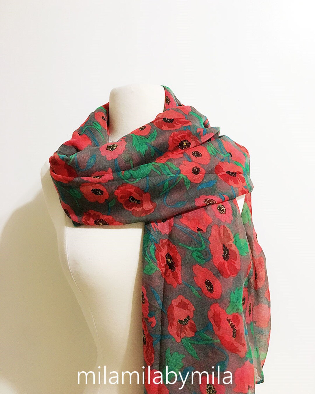Poppy Flower Scarf, Red Poppy Scarf, Floral Scarf, Red Flower Scarf ...