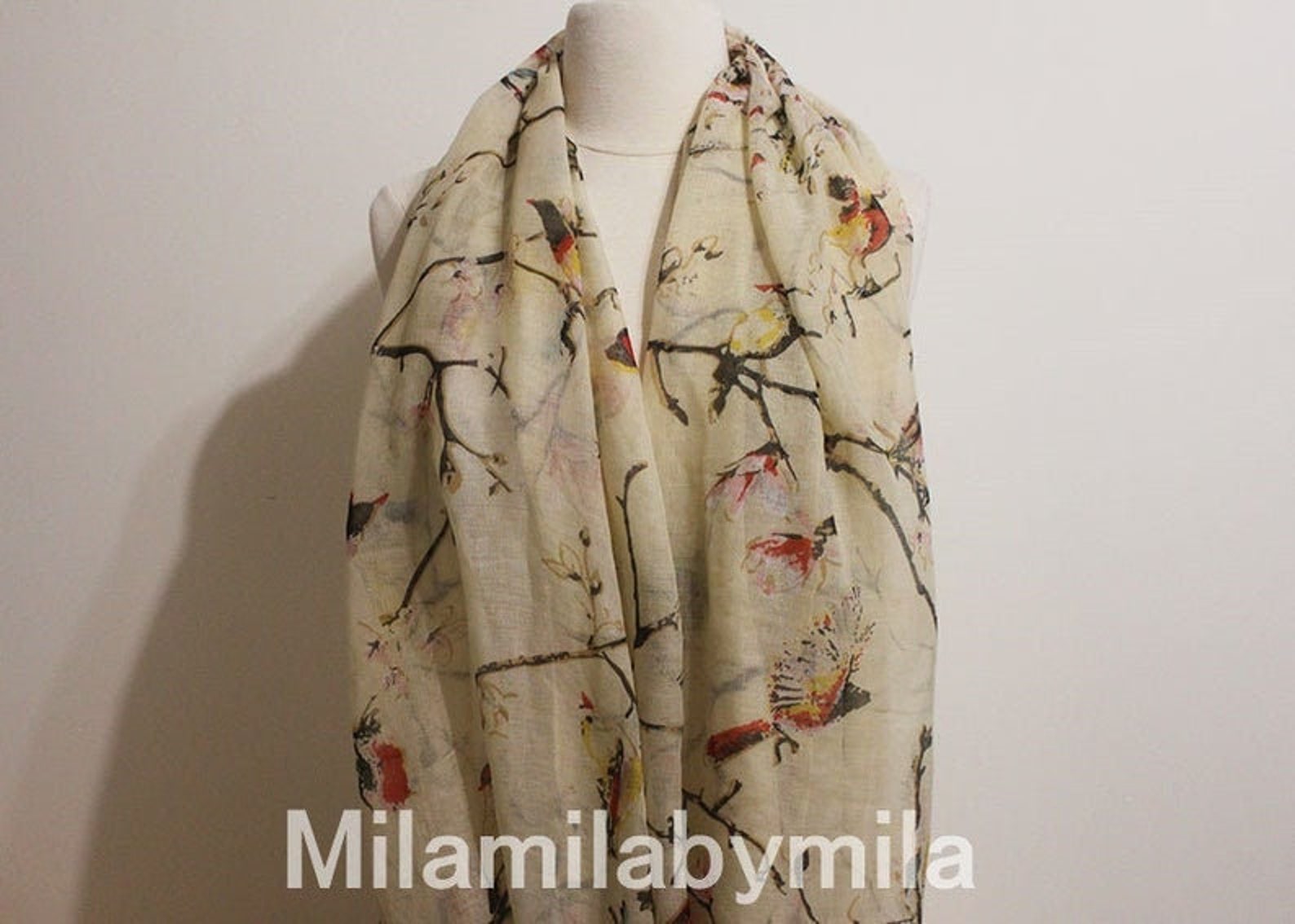 Bird Scarf Bird Print Scarf Beige Bird Scarf Colorful - Etsy