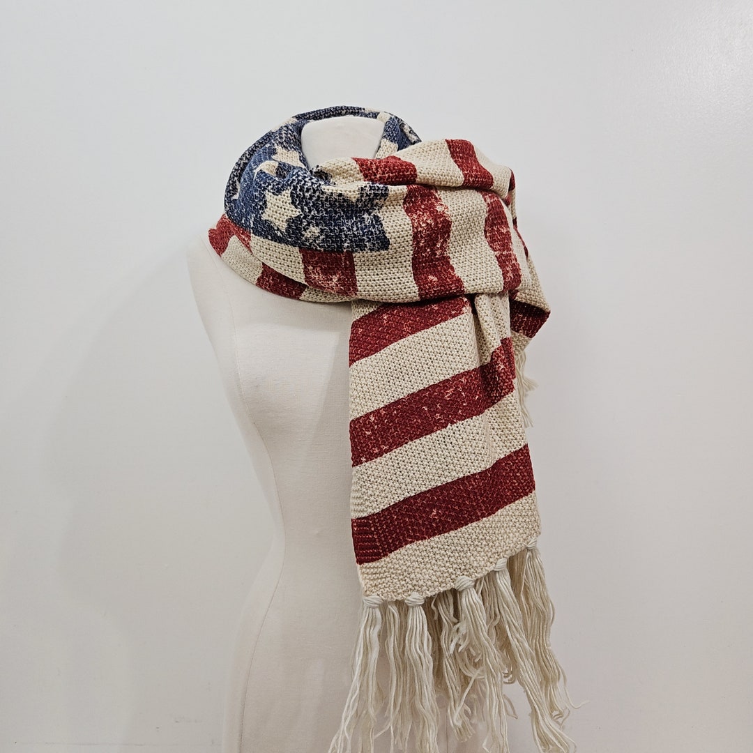 Knit Scarf With American Flag USA Flag Print Cozy Poncho Fall Autumn ...