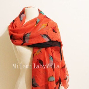 Bird Scarf, Bird Print Scarf, Beige Bird Scarf, Colorful Robins, Bird ...