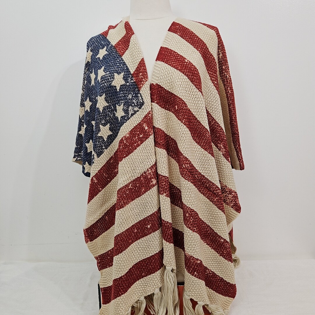 American Flag USA Flag Print Cozy Poncho Fall Autumn Tassel Knit Poncho ...