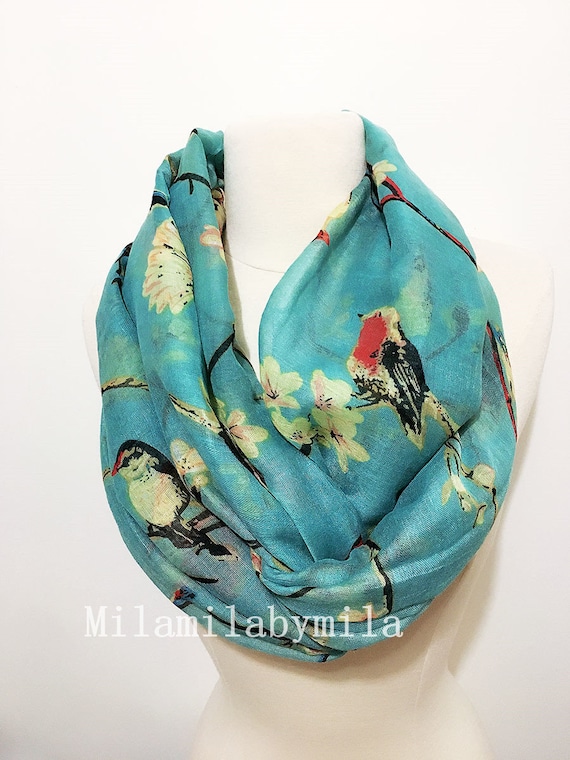 Blue Bird Infinity Scarf Bird Print Scarf Tree Bird Scarf | Etsy