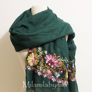 Forest Green Scarf, Flower Embroidered Scarf, Boho Scarf, Gypsy Scarf ...