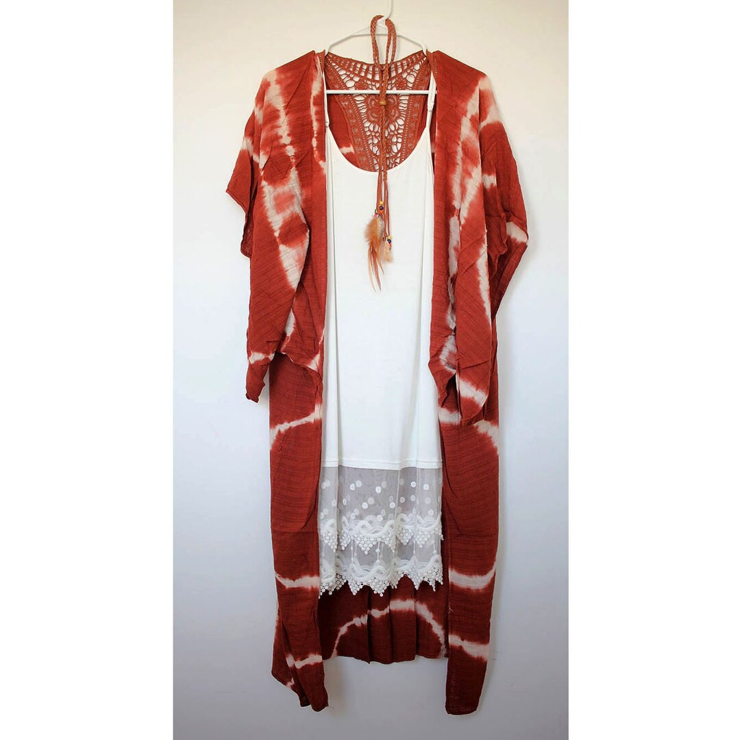Kimono, Rust Tie Dye Long Kimono With Crochet Lace Back and Angel Wings ...