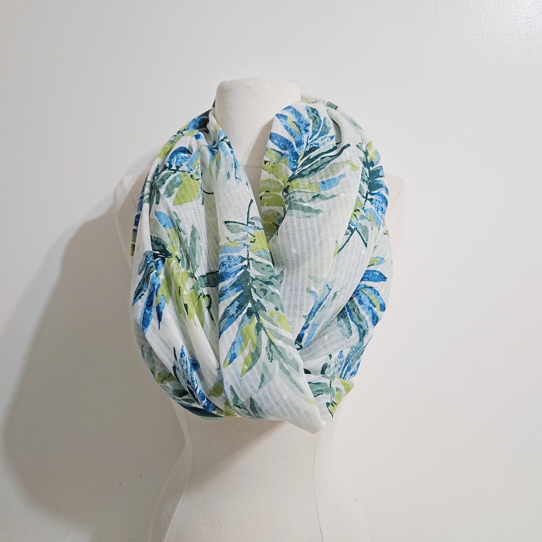 Palm Leaf Infinity Scarf, Boho Scarf, Blue Green Scarf, Long Womens ...