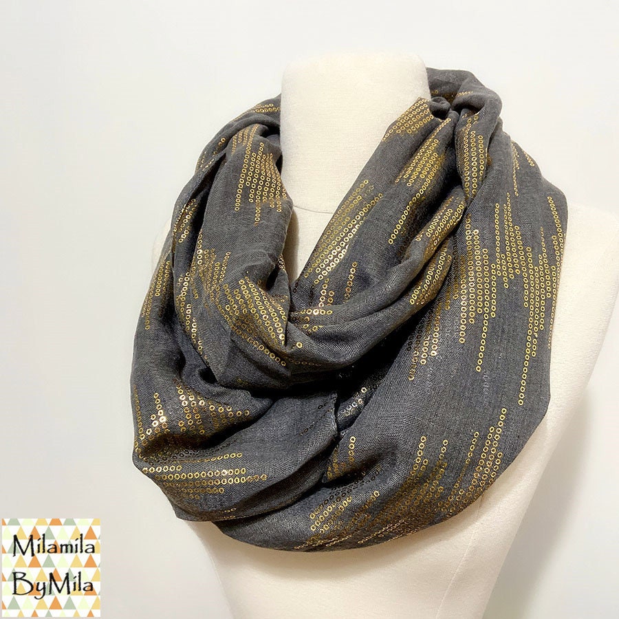 Gold Foil Gray Infinity Scarf Fringe Scarf Metallic Print | Etsy