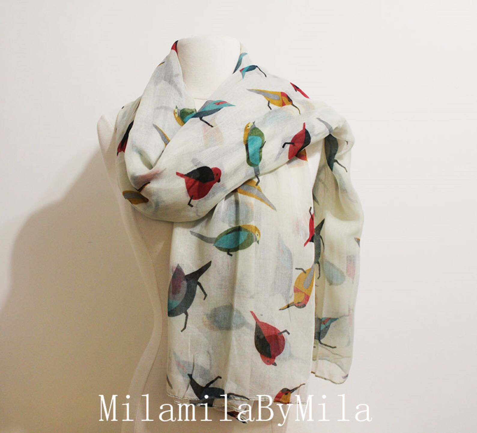 Bird Scarf Bird Print Scarf Beige Bird Scarf Colorful - Etsy