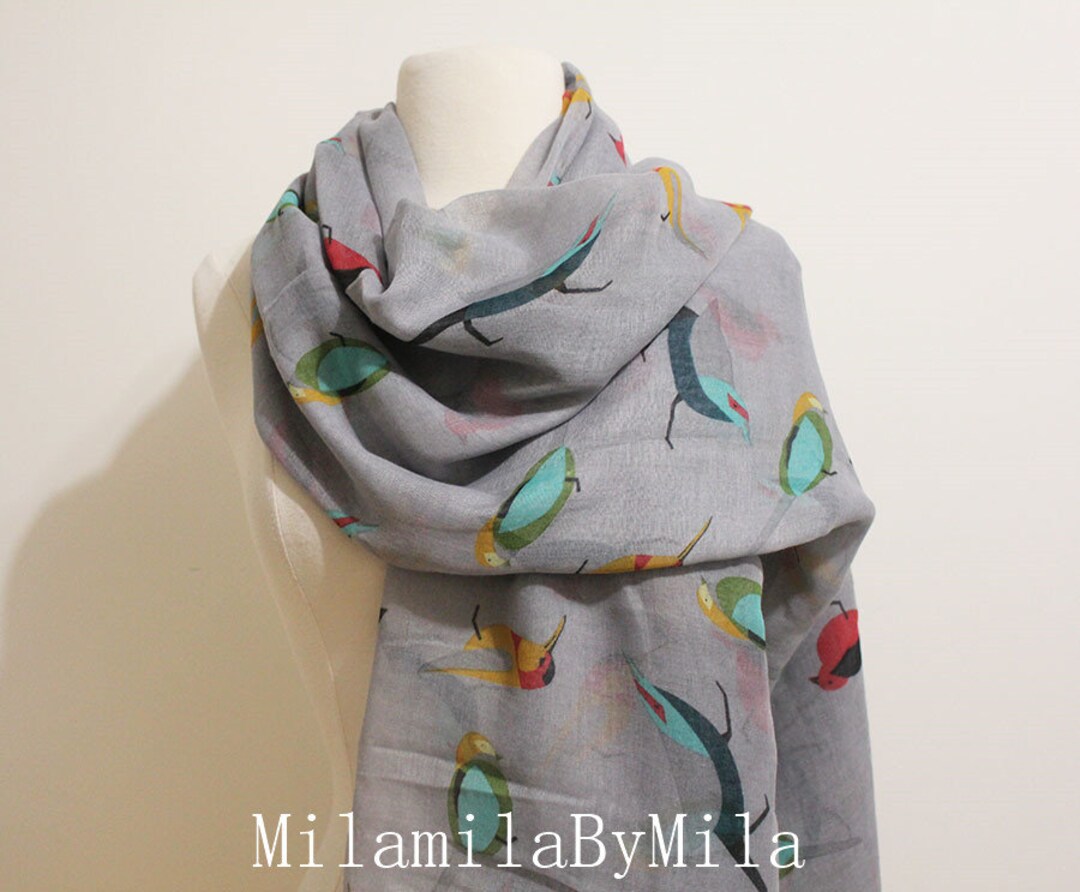 Bird Scarf, Bird Print Scarf, Beige Bird Scarf, Colorful Robins, Bird ...