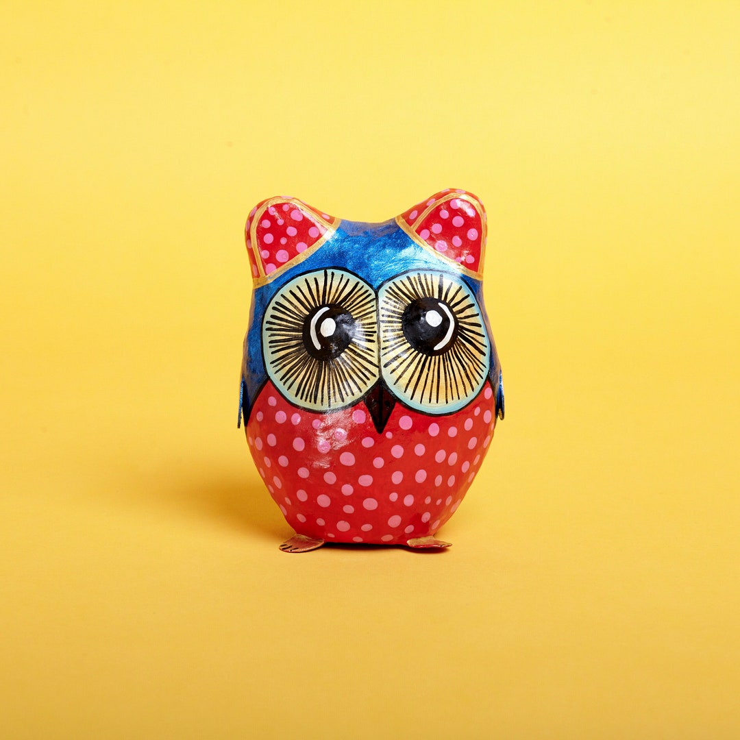 Pink Poka Dot Small Owl, Desk Decor, Hand Crafted, Made in Haiti, Paper ...