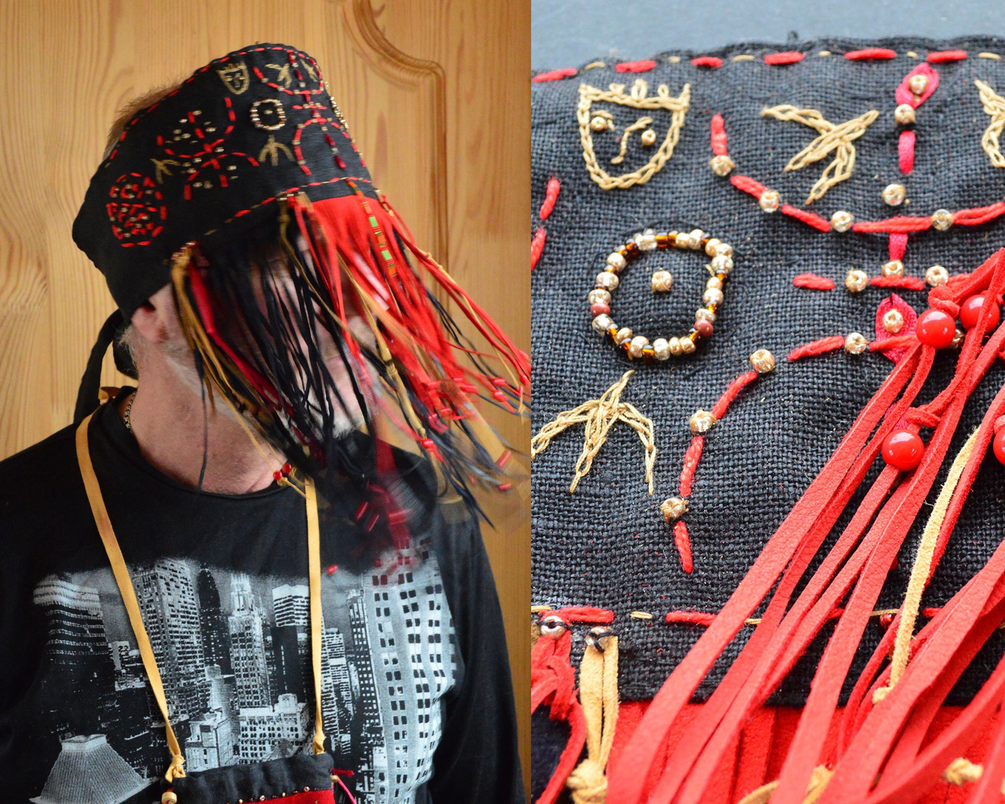 Shaman mask with fringe and embroidered masks helpers. Made of | Etsy