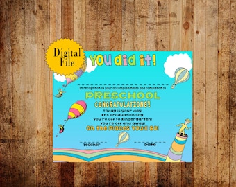 Kindergarten Oh the Places You Will Go Graduation Certificate, Digital ...